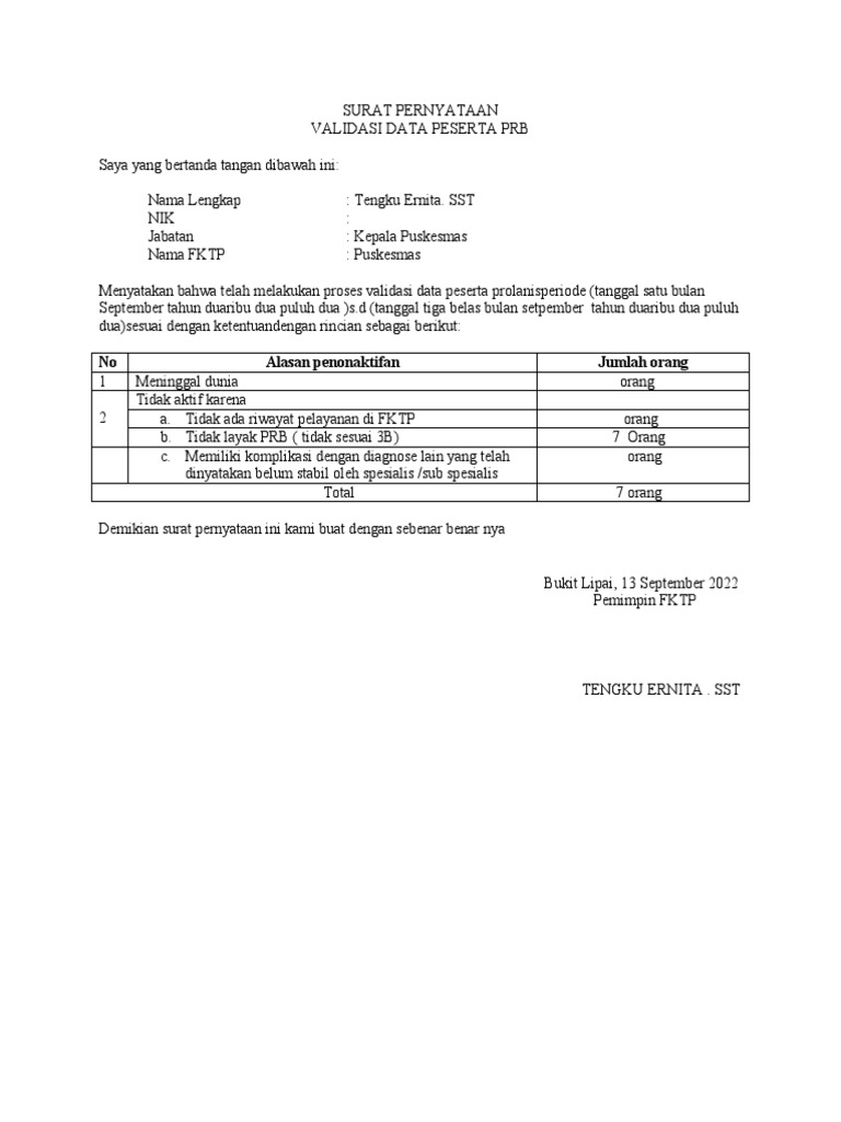 SURAT PERNYATAAN Validasi Peserta PRB | PDF
