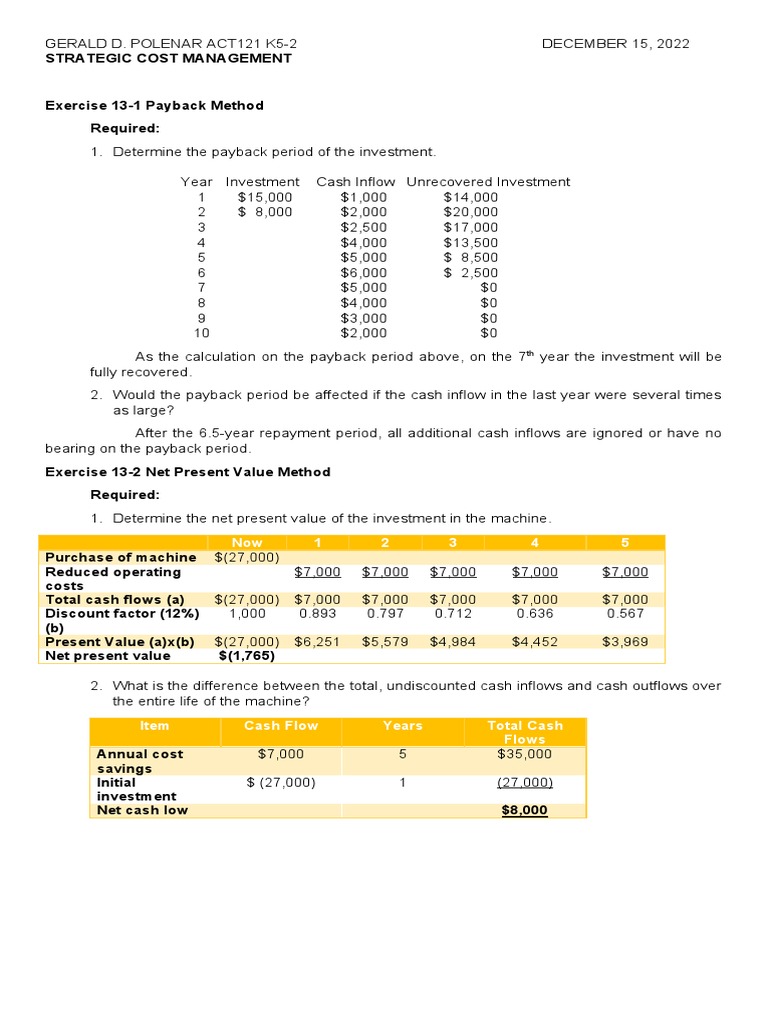 Polenar Budgeting-Assignment | PDF | Net Present Value | Internal Rate Of Return