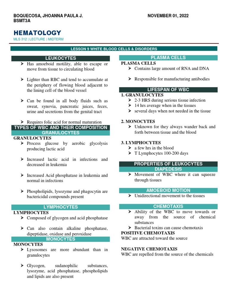 Boquecosa Lesson 9 Hema | PDF | White Blood Cell | Granulocyte