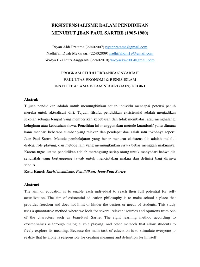 Eksistensialisme Dalam Pendidikan Menurut Jean Paul Sartre (1905-1980) | PDF