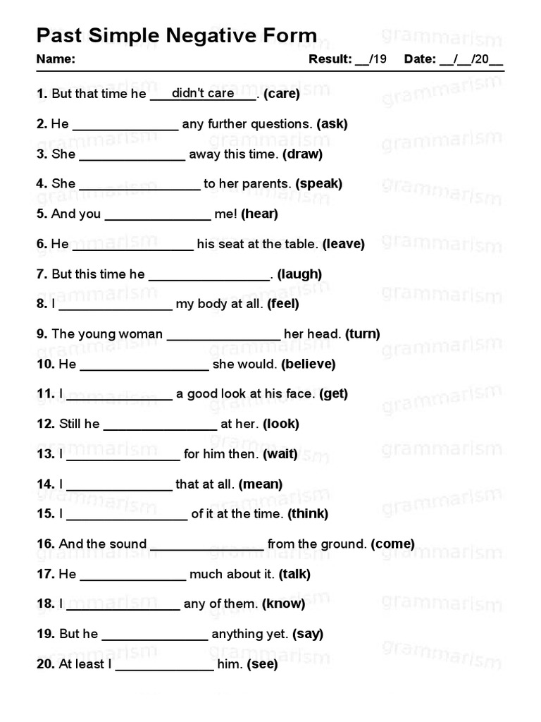 Past Simple Negative Form Worksheet | PDF
