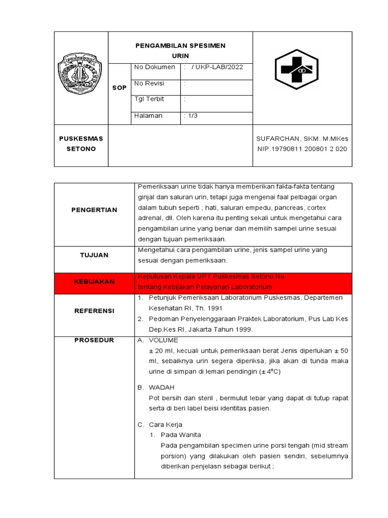 Sop Pengambilan Spesimen Urin | PDF