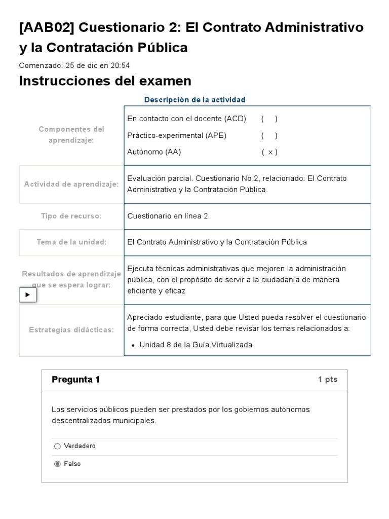 Examen - (AAB02) Cuestionario 2 - El Contrato Administrativo y La Contratación Pública | PDF ...
