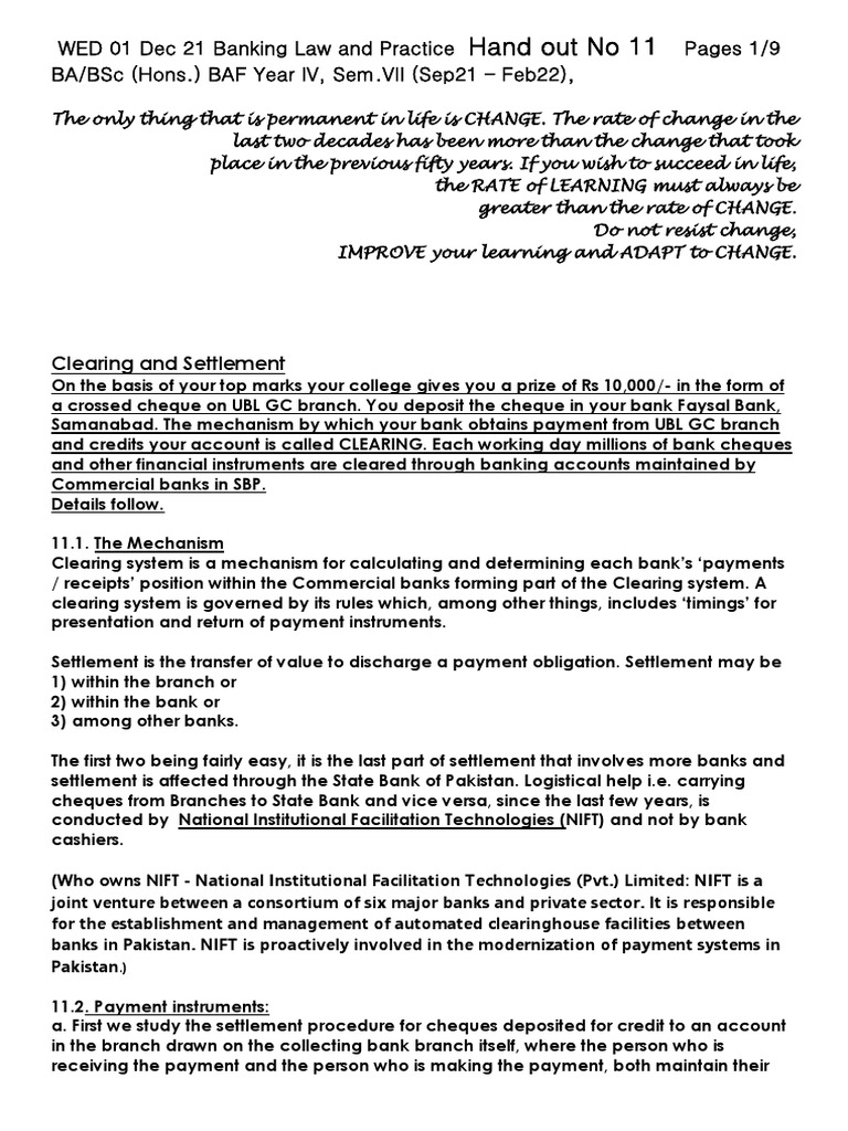 Clearing and Settlement in Banking | PDF | Cheque | Banks