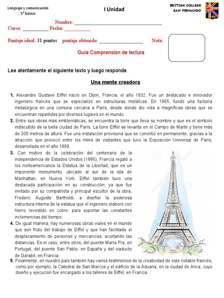 Guía Lenguaje 5° Basico Articulo Informativo Torre Eiffel | PDF