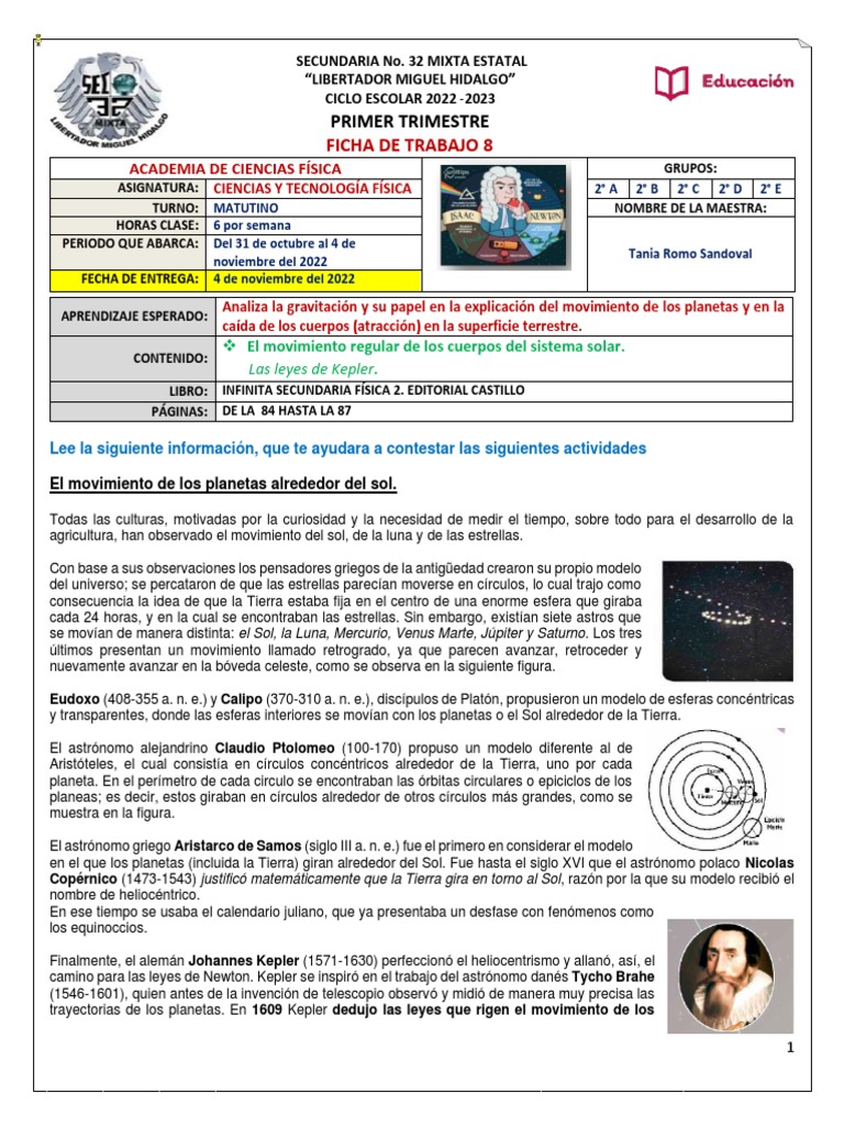 Ficha de Trabajo 8 F 22-23 | PDF | Johannes Kepler | Orbita