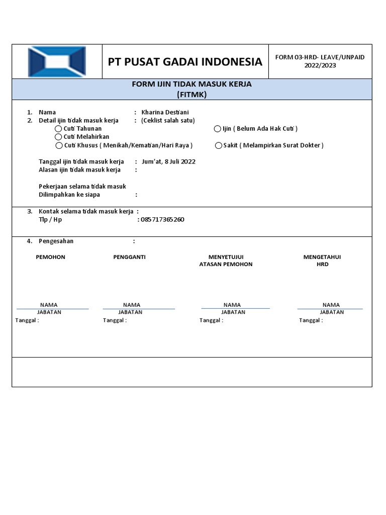 03 FORM IJIN TIDAK MASUK KERJA New | PDF
