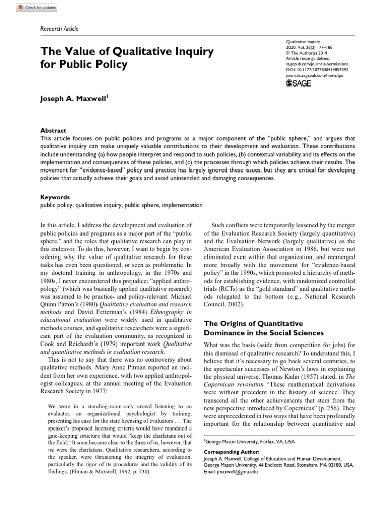 The Value of Qualitative Inquiry For Public Policy: Joseph A. Maxwell ...