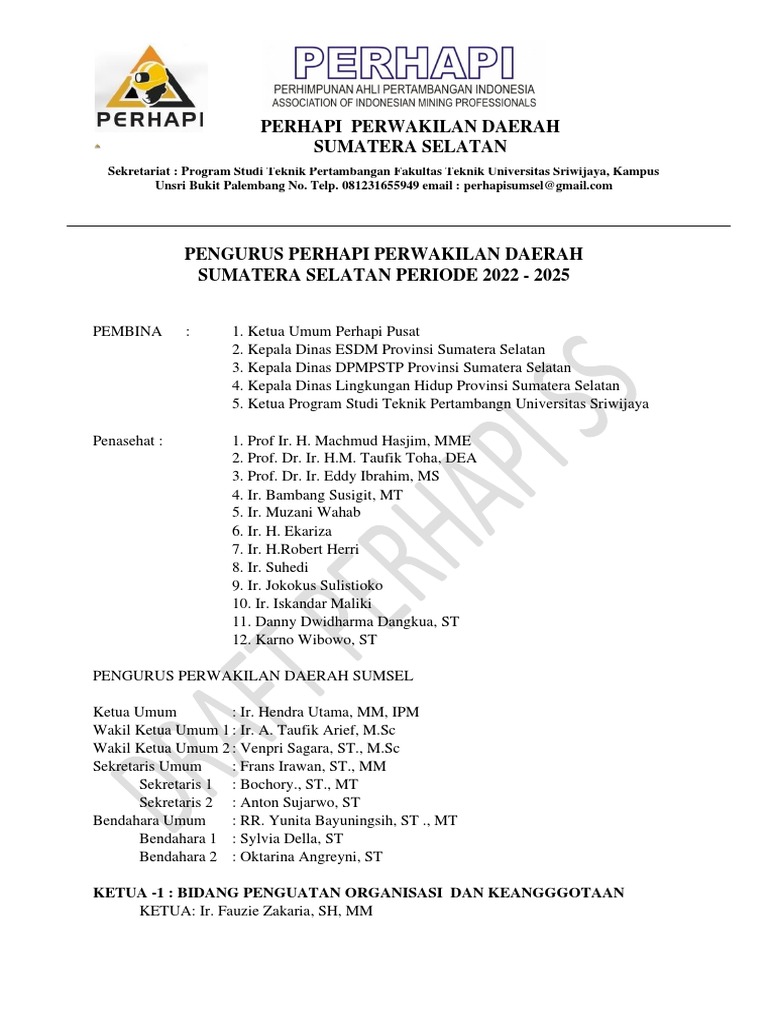 Pengurus PERHAPI Sumsel 2022-2025 | PDF | Perjalanan | Kesehatan Holistik