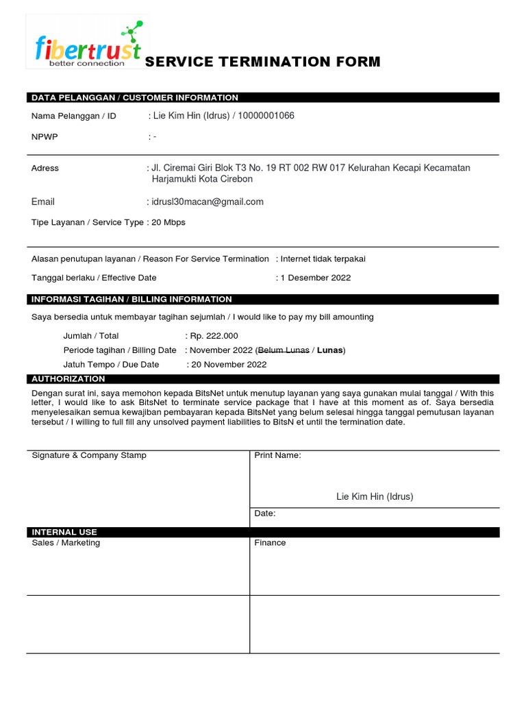 Formulir Penutupan Layanan Internet | PDF | Pengelolaan Keuangan & Uang ...