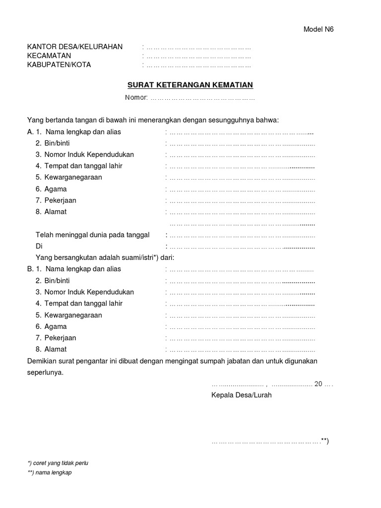 Blangko Model N6 S. Ket. Kematian | PDF