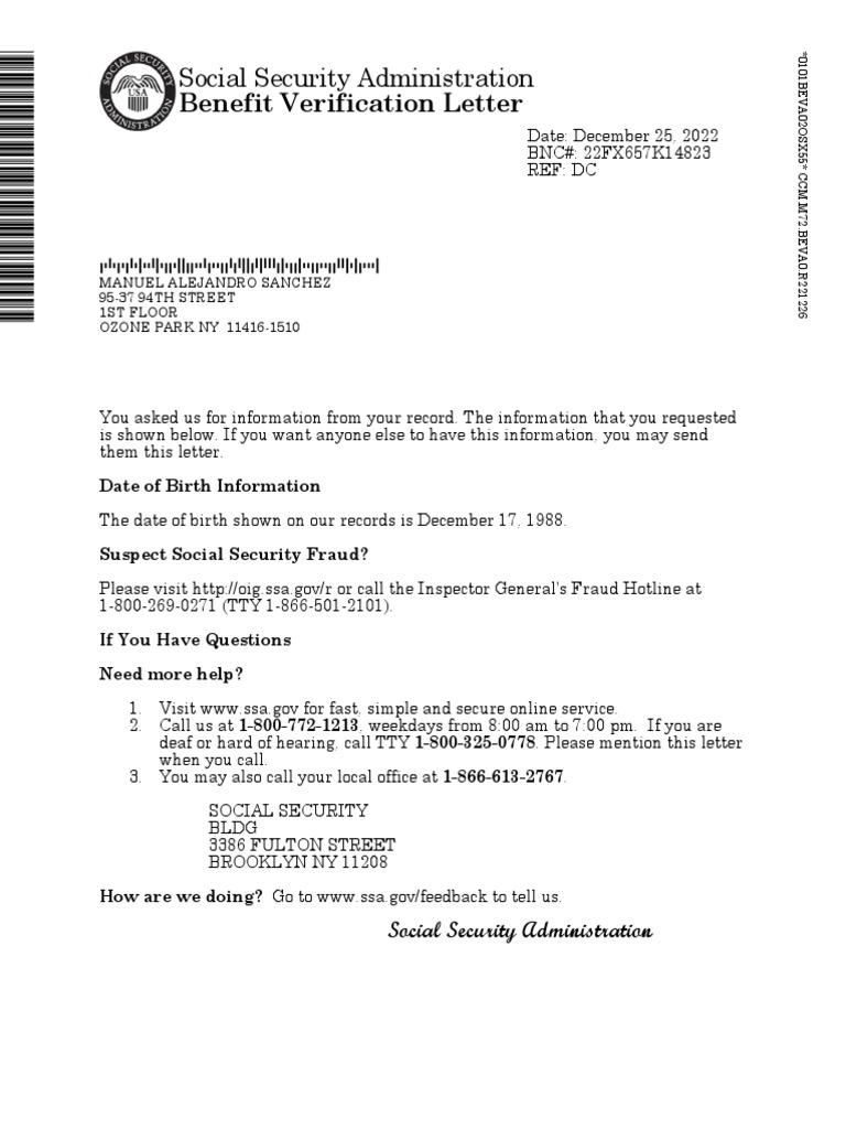 Social Security Benefit Verification Letter | PDF