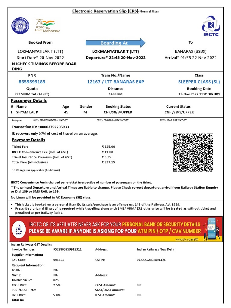 Electronic Reservation Slip for Shyam Lal's Sleeper Class Train Ticket ...