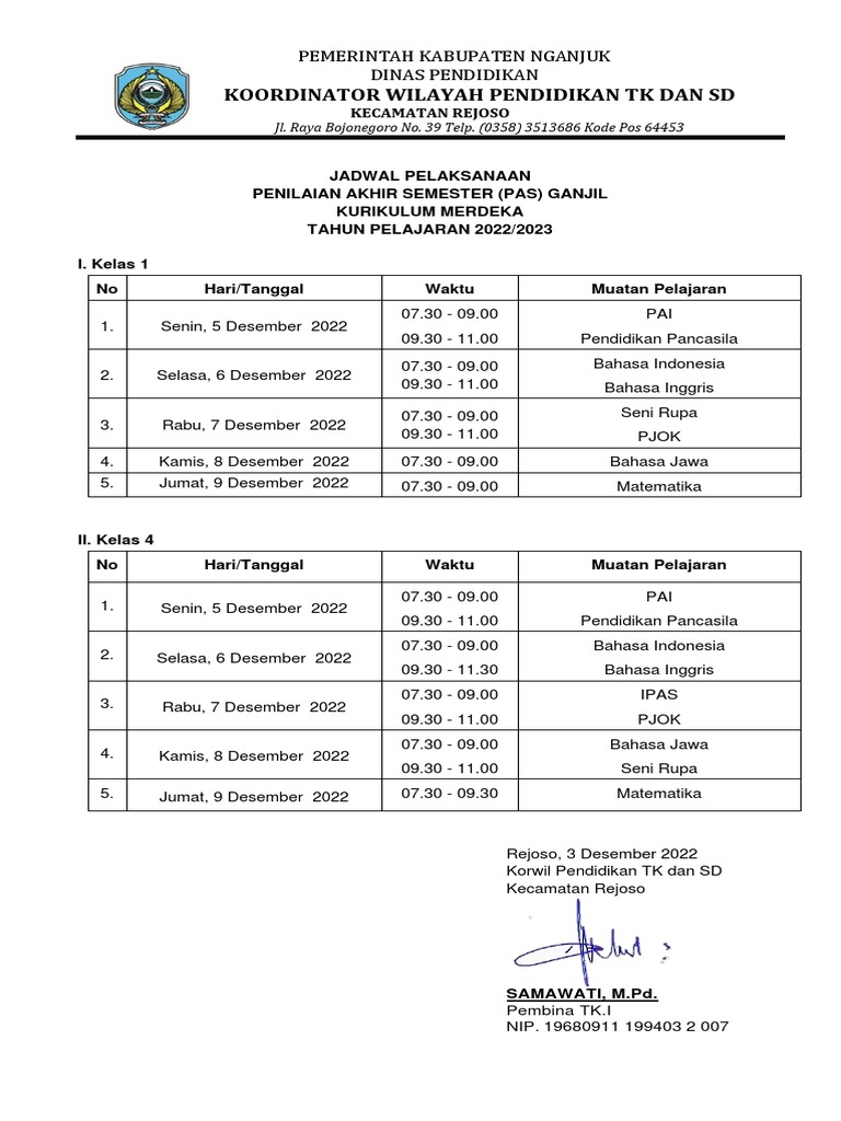 Jadwal Pas Ganjil Kurikulum Merdeka Tapel 2022-2023 | PDF