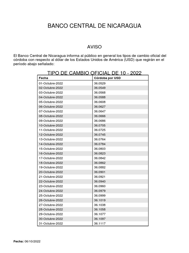 Banco Central de Nicaragua: Tipo de Cambio Oficial de 10 - 2022 | PDF
