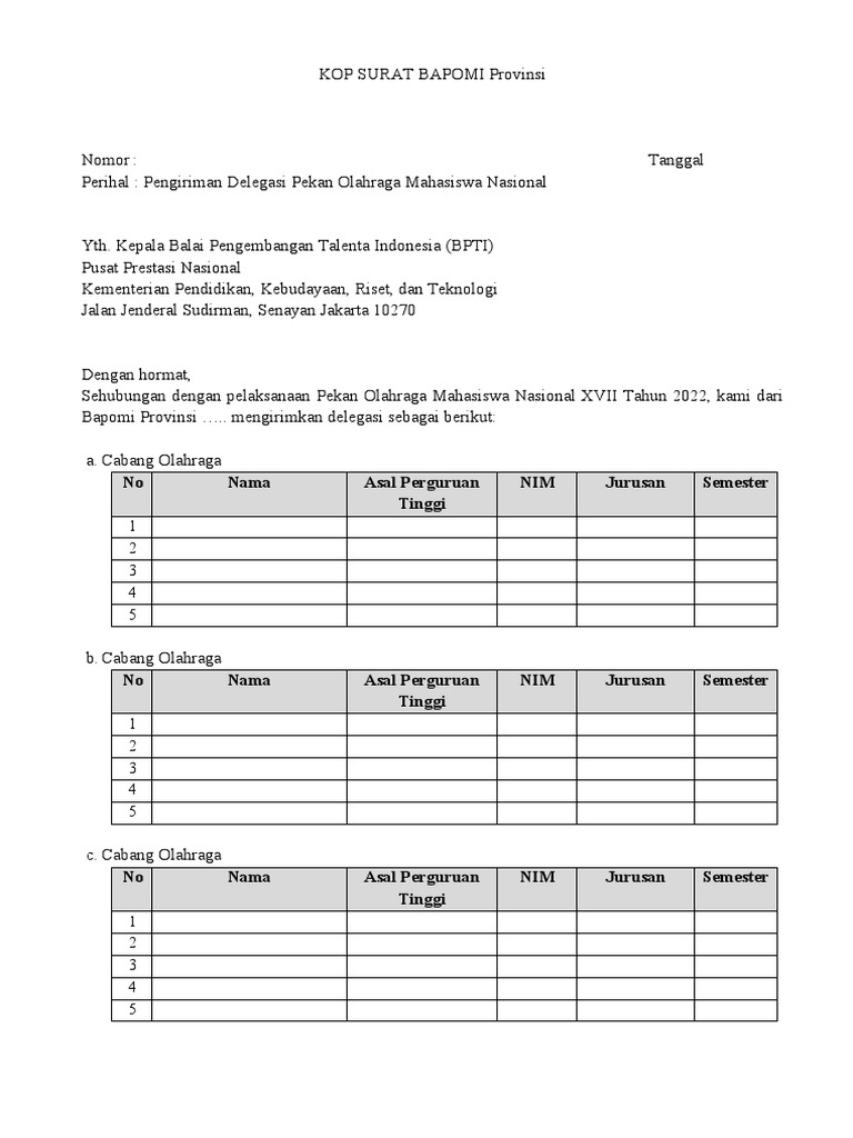 Format Surat Pengiriman Delegasi Kompetisi | PDF