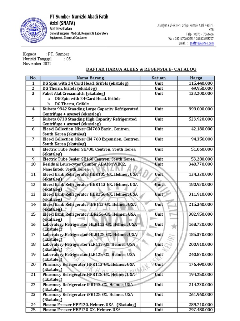 Daftar Harga Alkes & Reagensia E-Catalog | PDF | Animal Anatomy | Anatomy