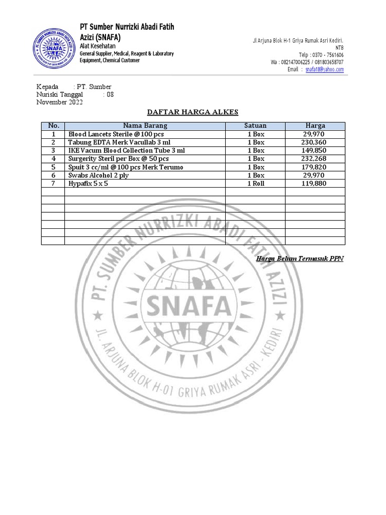 Daftar Harga Alat Kesehatan PT - Snafa | PDF