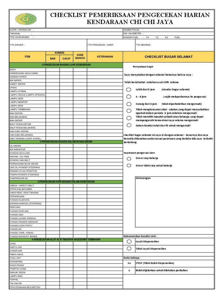 Checklist P2H Kendaraan Chi Chi Jaya | PDF