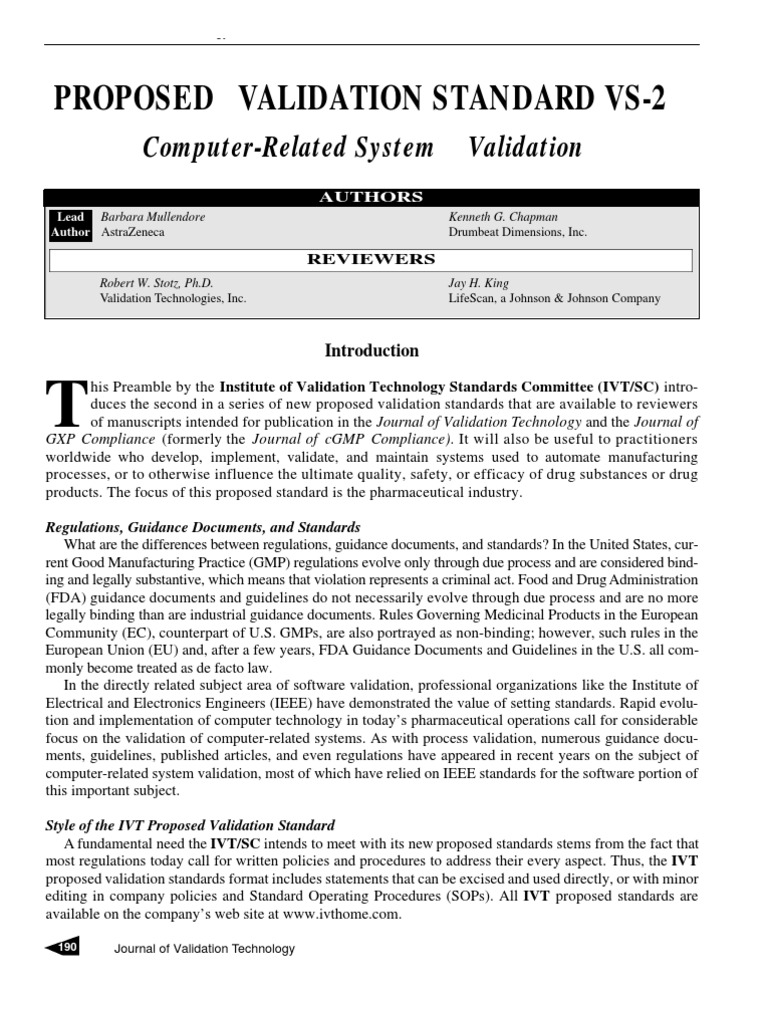 Proposed Validation Standard Vs-2: Computer-Related System Validation ...