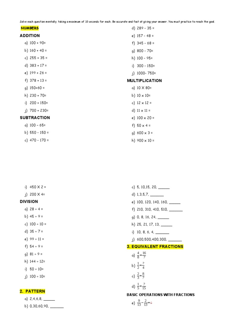 4th Grade - Mental Math Questionaire | PDF | Mathematics | Arithmetic