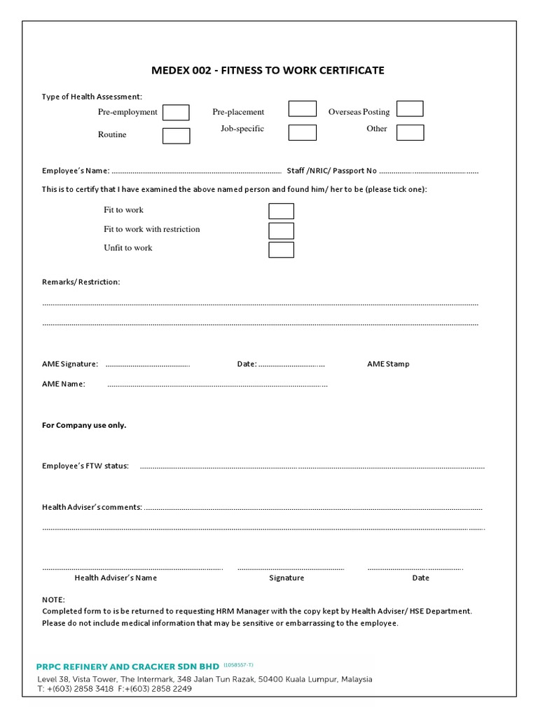 MEDEX Fitness to Work Certificate | PDF | Business