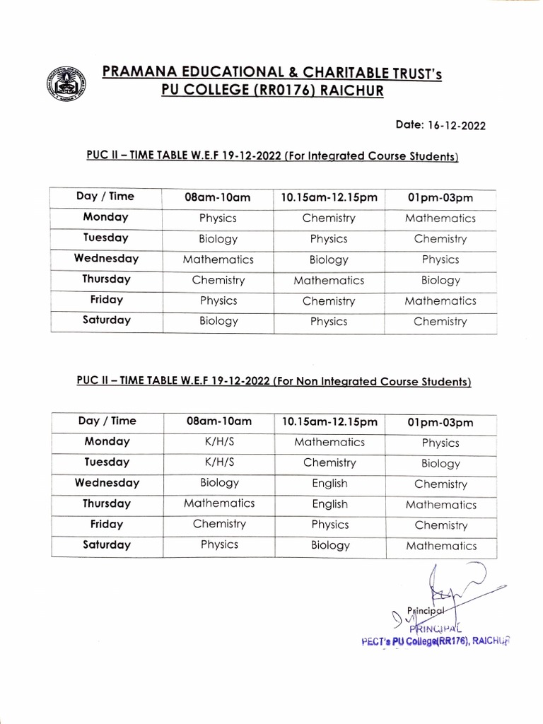Timetable for PUC I Integrated and Non-Integrated Course Students at ...