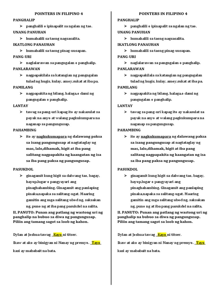 Grade 4 Filipino Pointers | PDF