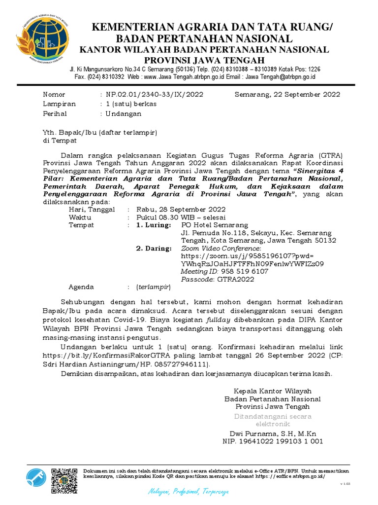 Surat Undangan Rakor GTRA Tahun 2022 | PDF