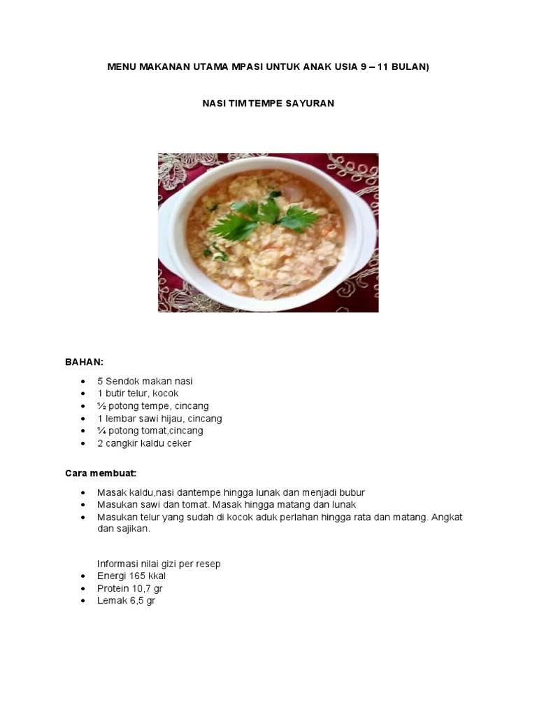 Menu Makanan Utama Mpasi Untuk Anak Usia 9 | PDF