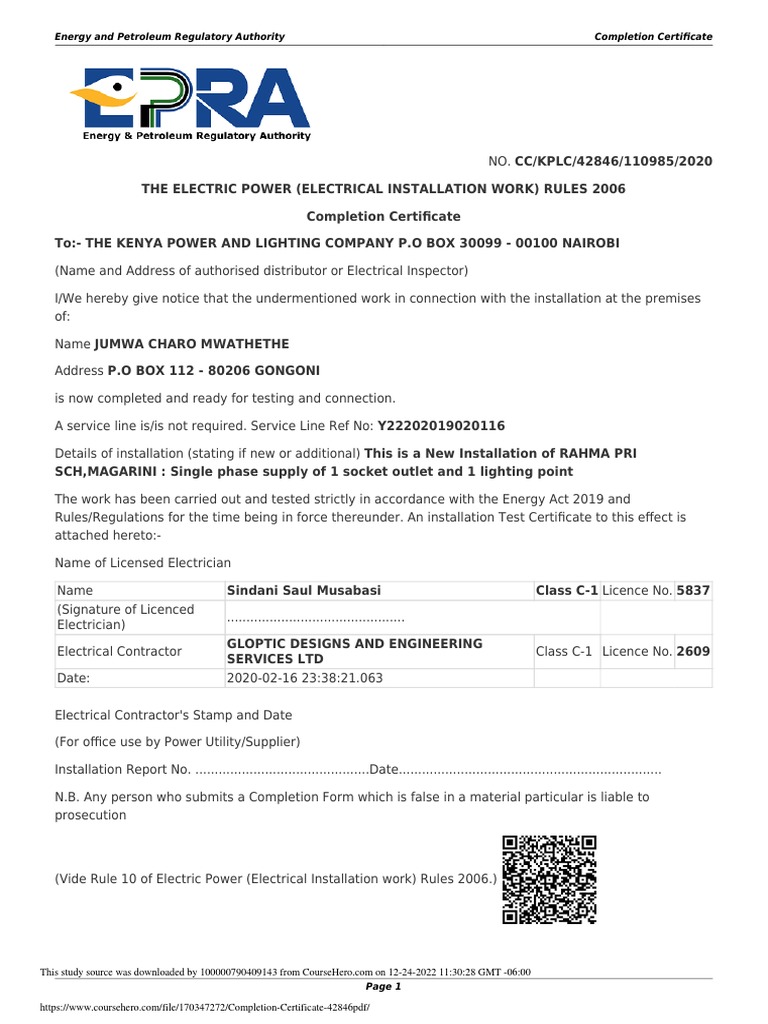 Completion Certificate 42846 PDF | PDF | Electrician | Physical Quantities