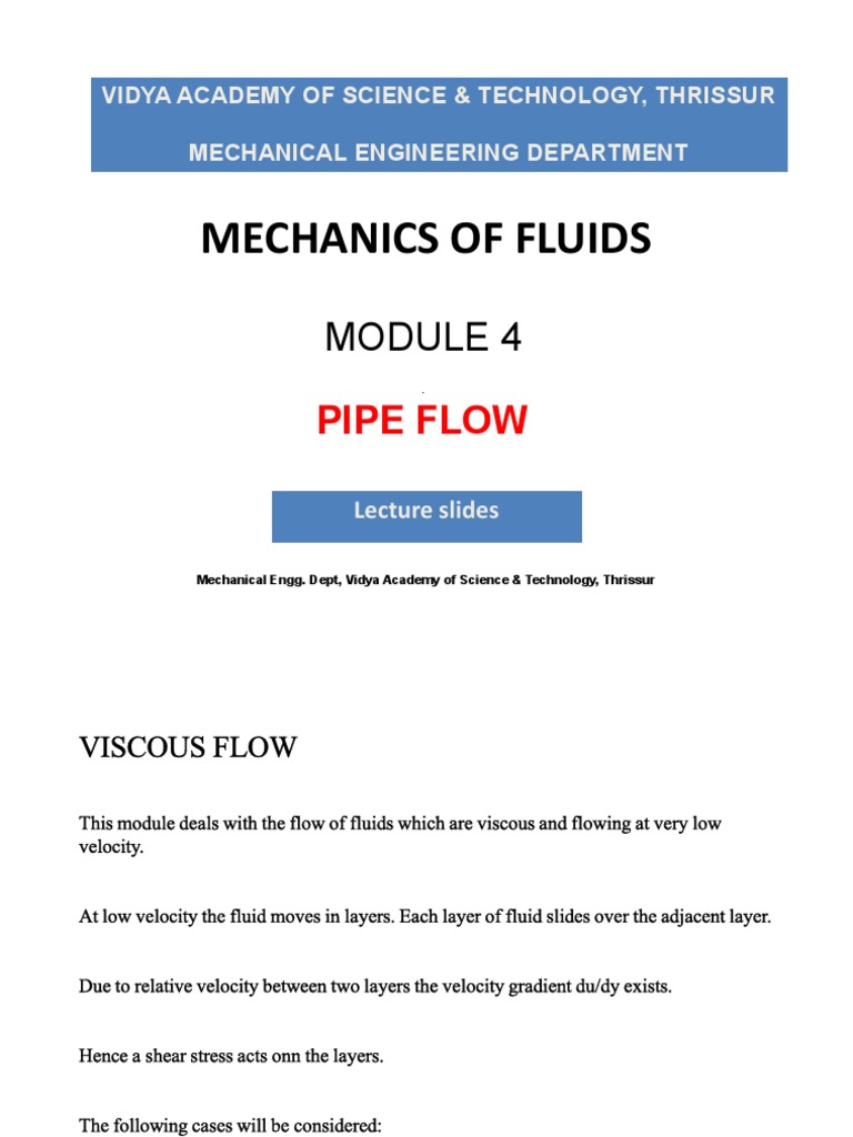MOF - Module 4 - Pipe Flow - Lecture Slides | PDF | Fluid Dynamics | Reynolds Number
