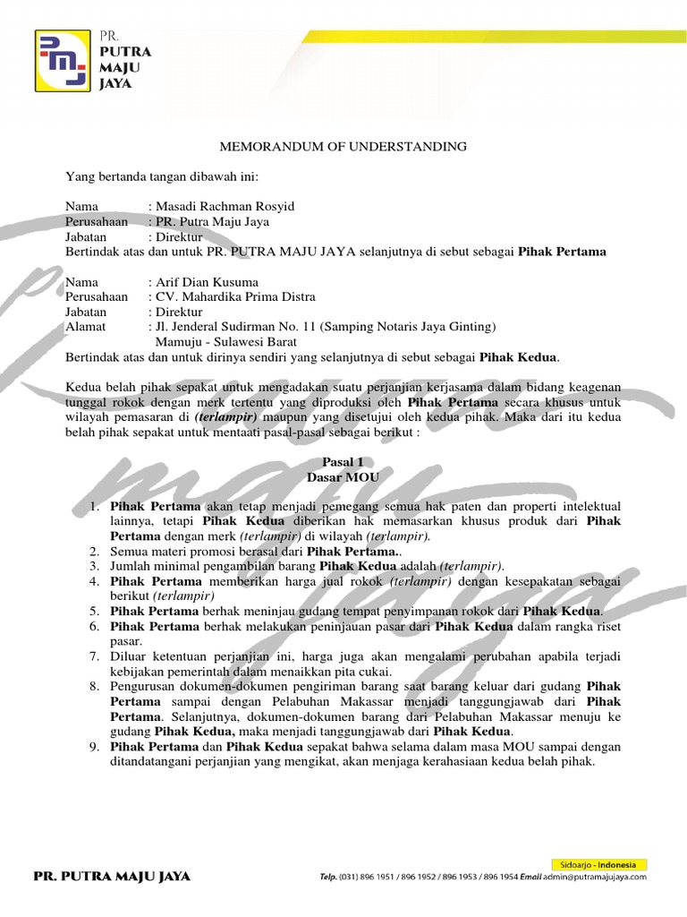 Draft MOU CV. Mahardika Prima Distra | PDF