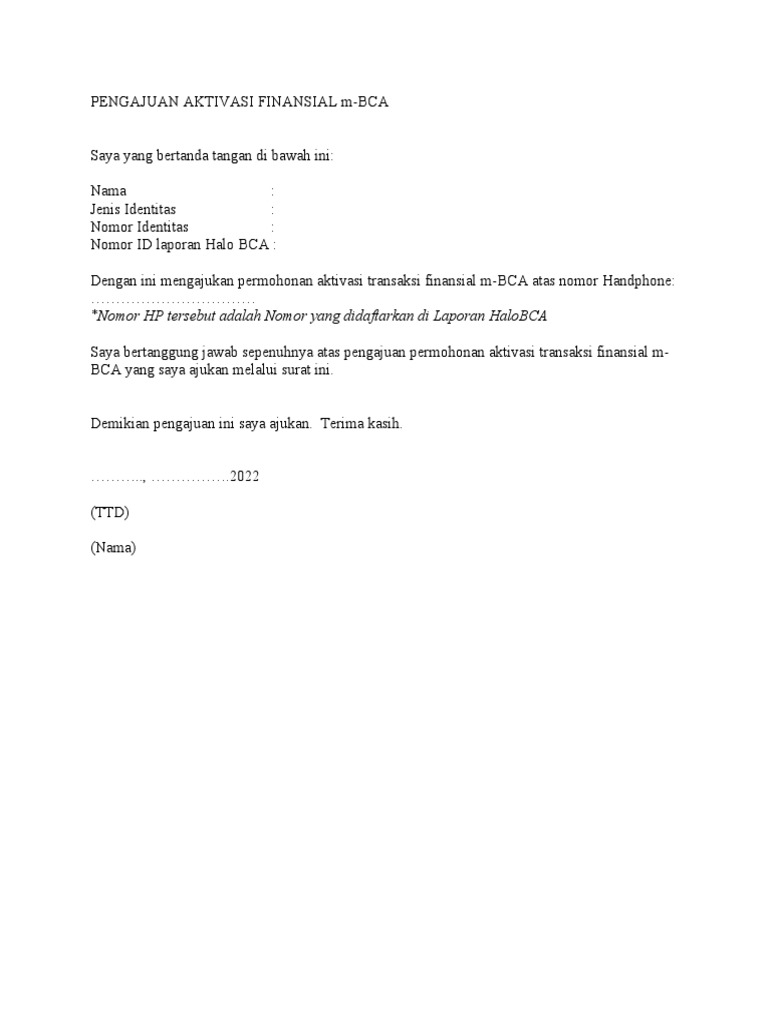 Surat Permohonan Aktivasi Finansial M BCA Melalui Halo BCA - 2022 | PDF