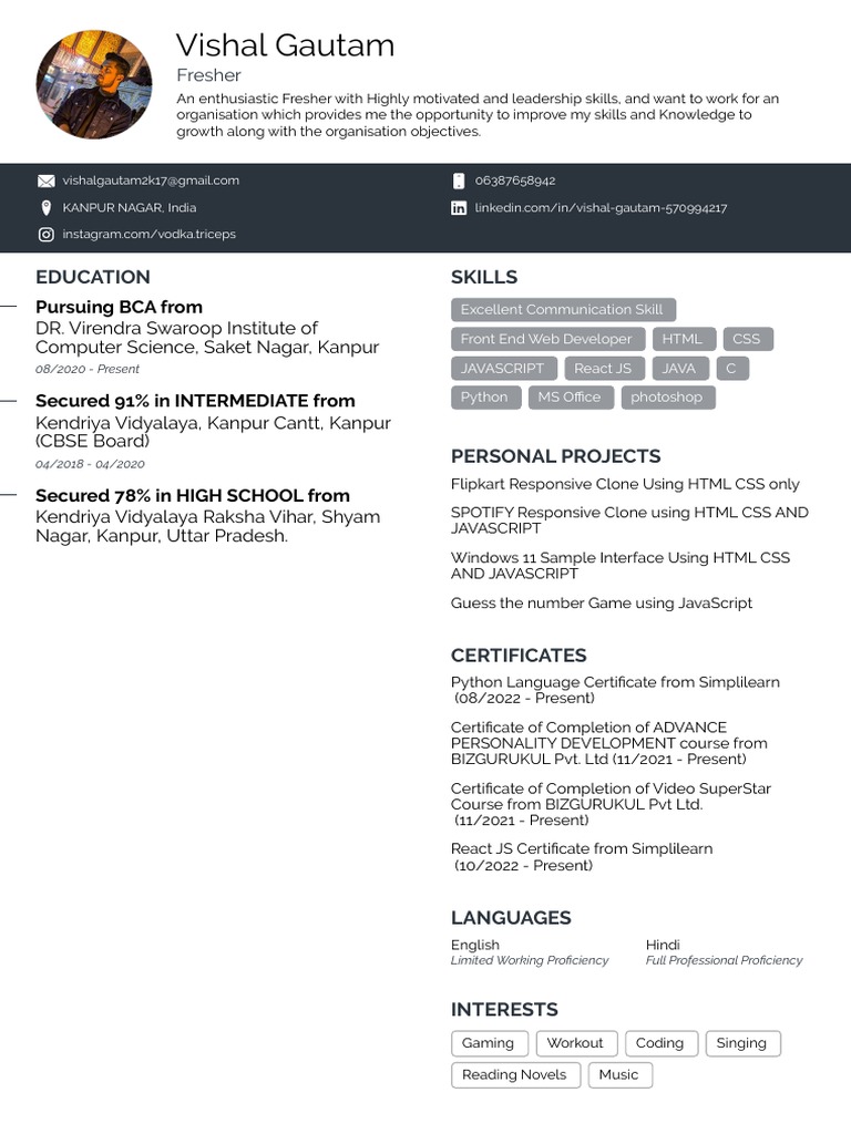Vishal's Resume | PDF | Java Script | Information Technology Management