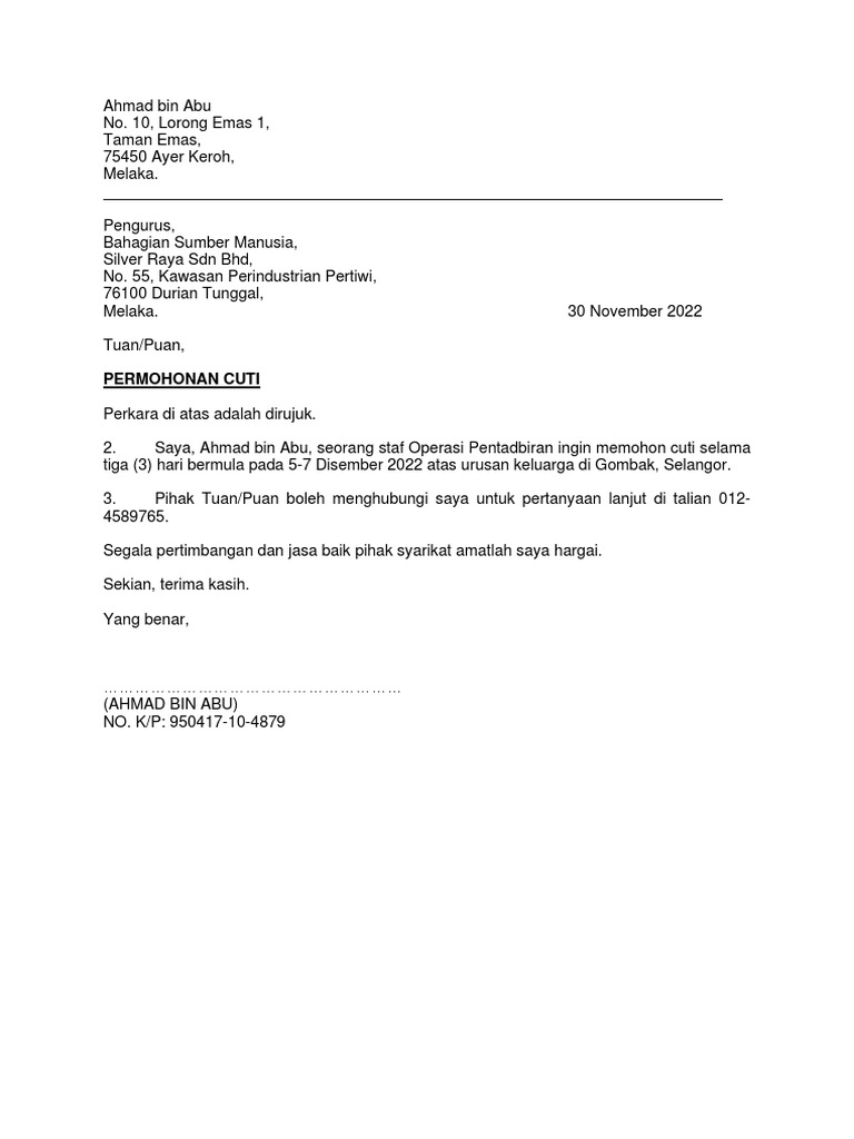 Template Surat Memohon Cuti Kerja | PDF