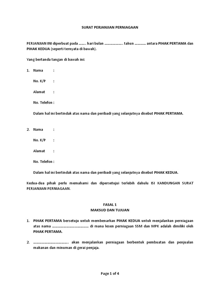 Contoh Surat Perjanjian Perniagaan | PDF