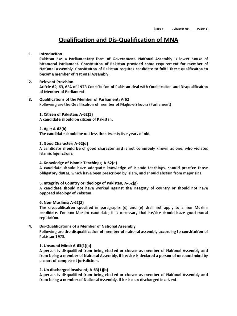MNA Qualification and Disqualification in Pakistan | PDF | Parliament ...