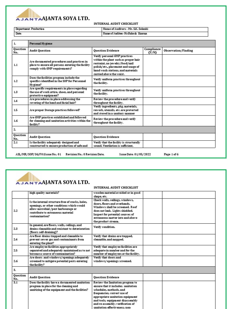 Internal Audit Checklist PRODUCTION | PDF | Audit | Sanitation