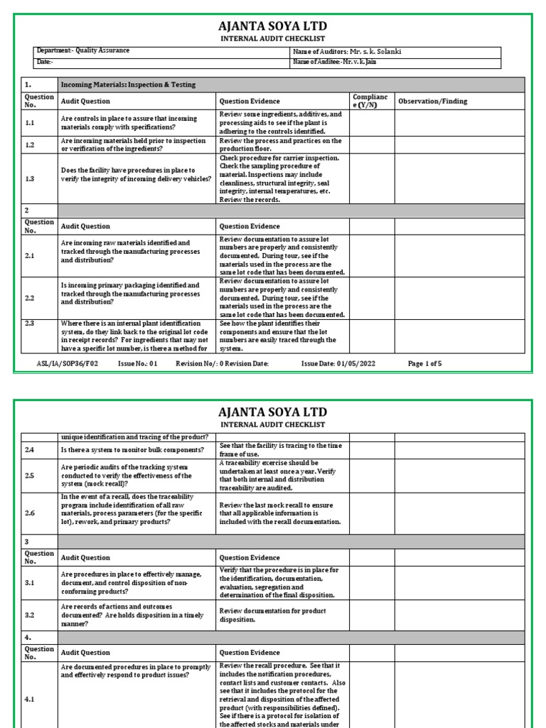 Quality Assurance Internal Audit Checklist | PDF | Audit | Calibration