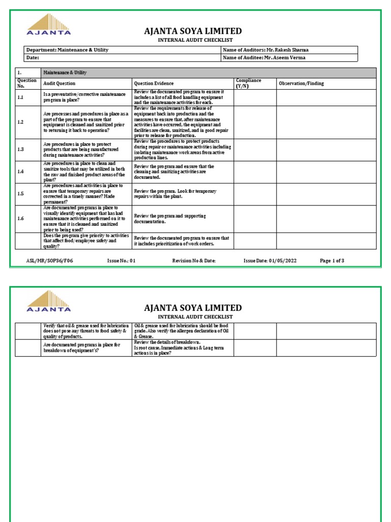 6. Internal Audit Checklist Maintenance _ Utility | PDF | Audit | Business