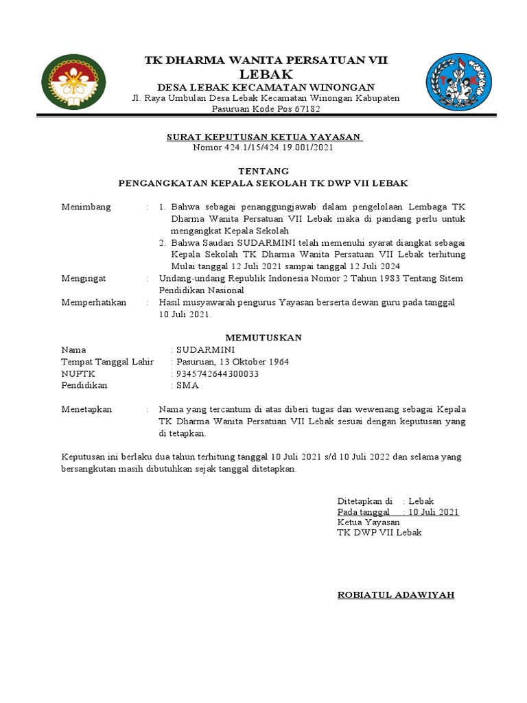 SK KEPALA SEKOLAH TK DHARMA WANITA PERSATUAN VII Lebak | PDF