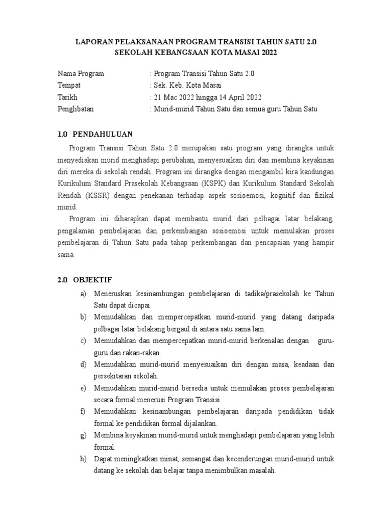 Laporan Pelaksanaan Program Transisi Tahun Satu | PDF