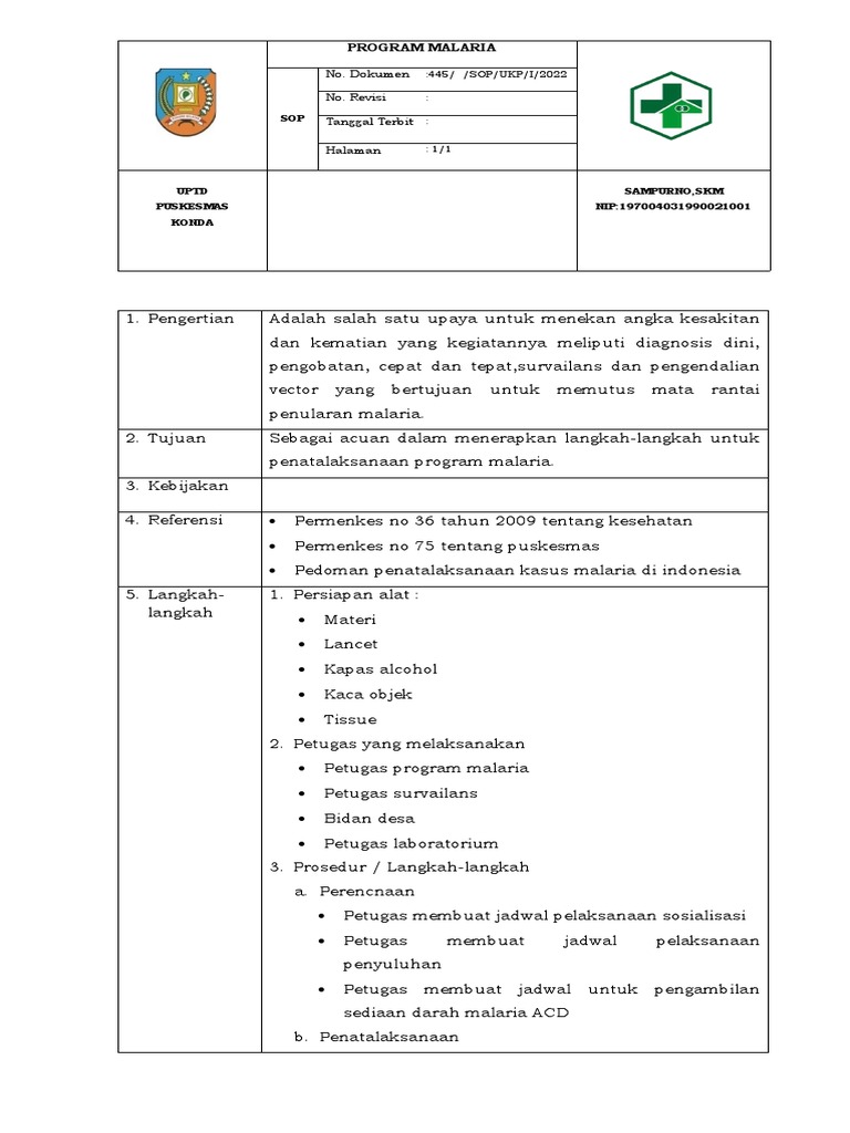 Sop Program Malaria Baru | PDF