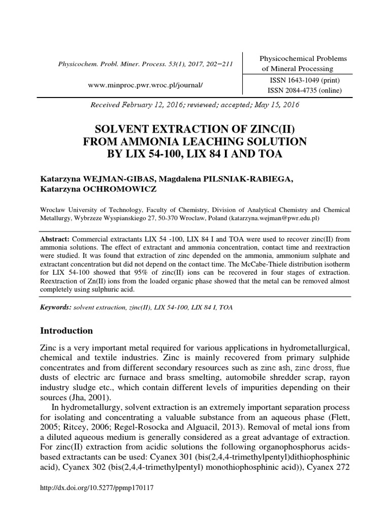 Solvent Extraction of Zinc II From | PDF | Ammonium | Zinc