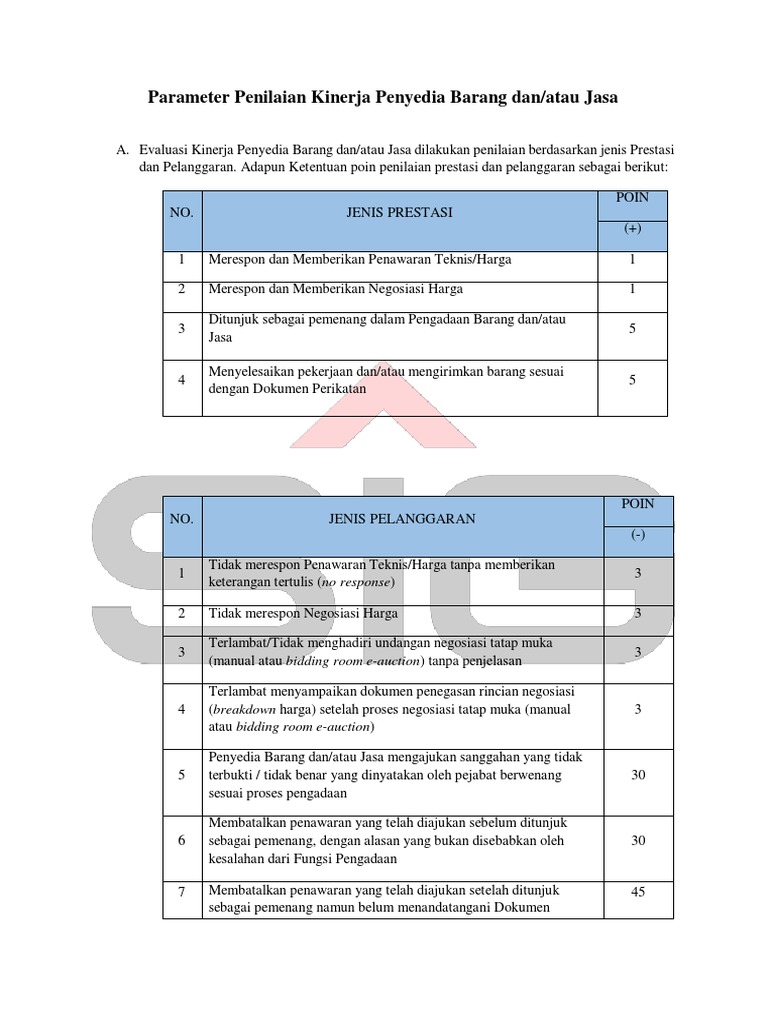 Parameter Penilaian Kinerja Penyedia Barang Dan/atau Jasa | PDF