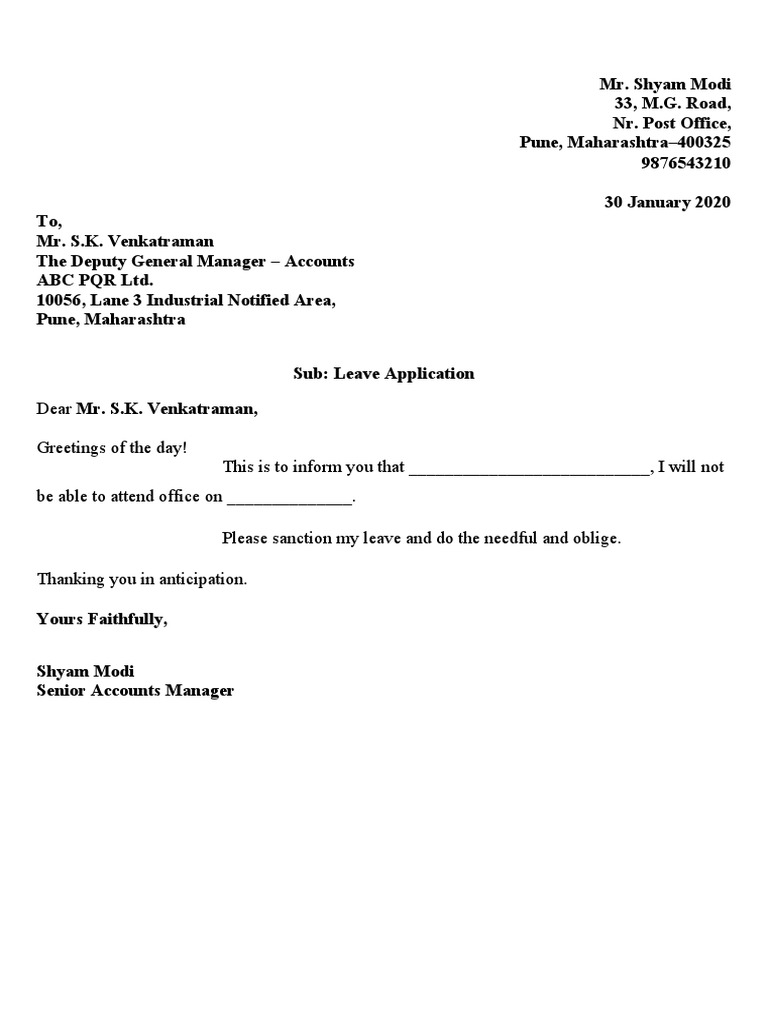 Casual Leave Application For A Single Day | PDF