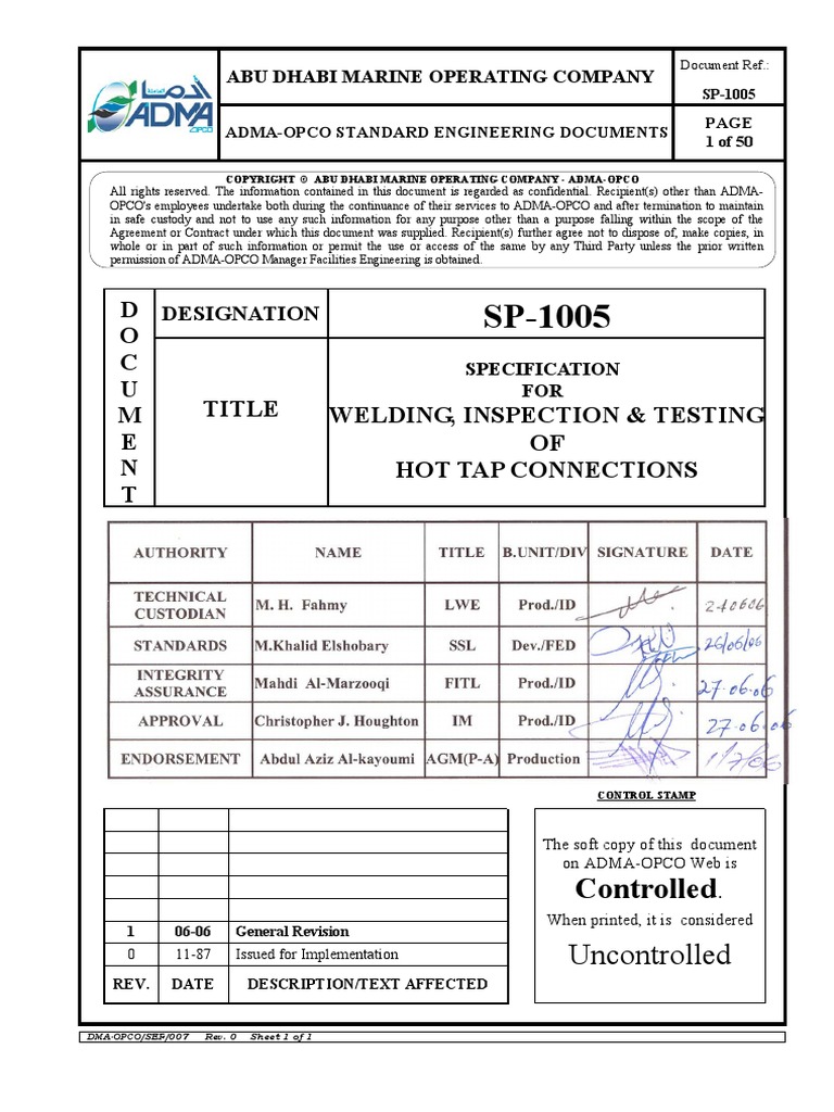 SP 1005 Rev.1 July, 2006 | PDF | Pipe (Fluid Conveyance) | Welding