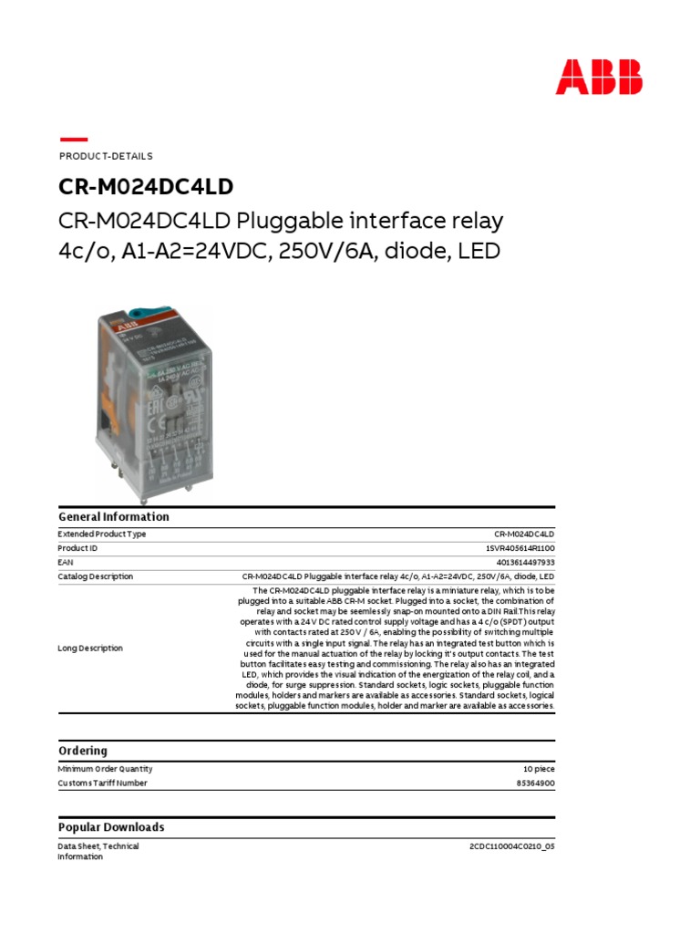 1SVR405614R1100 CR m024dc4ld | PDF | Relay | Ac Power Plugs And Sockets