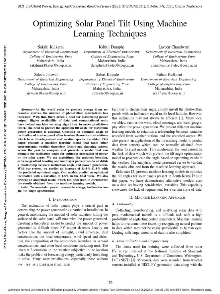 Optimizing Solar Panel Tilt Using Machine Learning Techniques | PDF ...